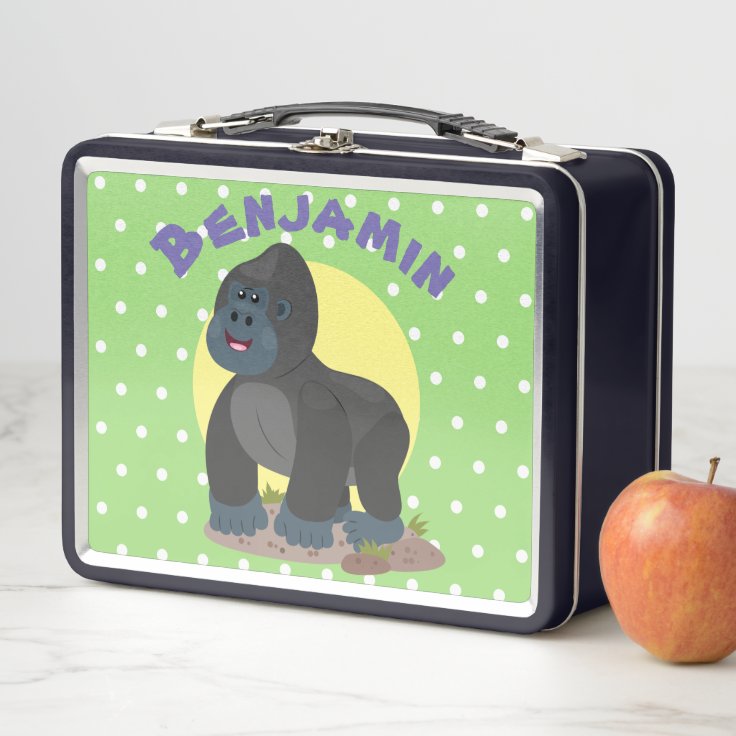 Cute happy big gorilla cartoon illustration metal lunch box | Zazzle