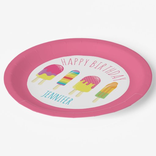 Cute Happy Birthday Popsicle Party Colorful pink Paper Plates | Zazzle