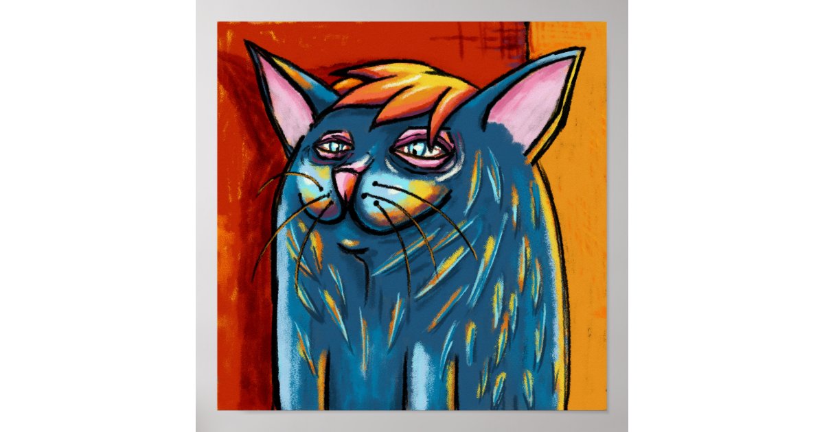 Cute Happy Blue Cat Digital Oil Pastel Poster | Zazzle
