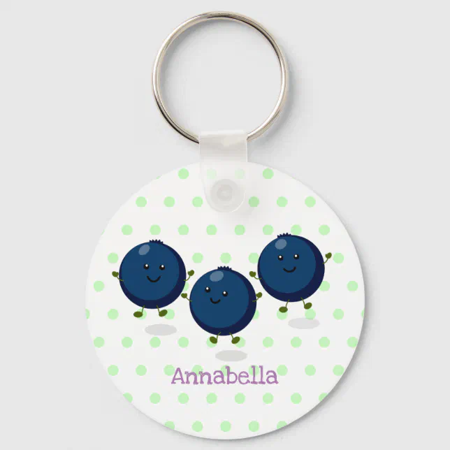 Cute happy blueberries purple cartoon illustration keychain | Zazzle