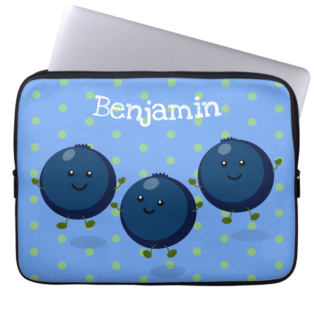 Cute happy blueberries purple cartoon illustration laptop sleeve | Zazzle