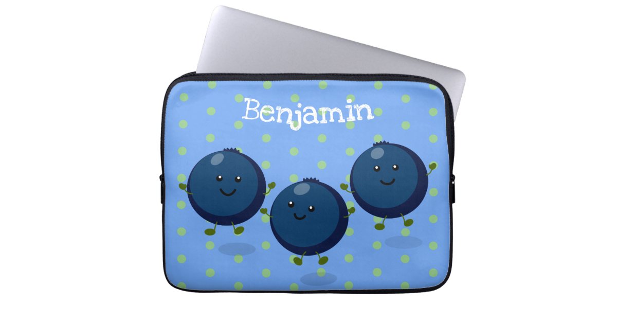 Cute happy blueberries purple cartoon illustration laptop sleeve | Zazzle