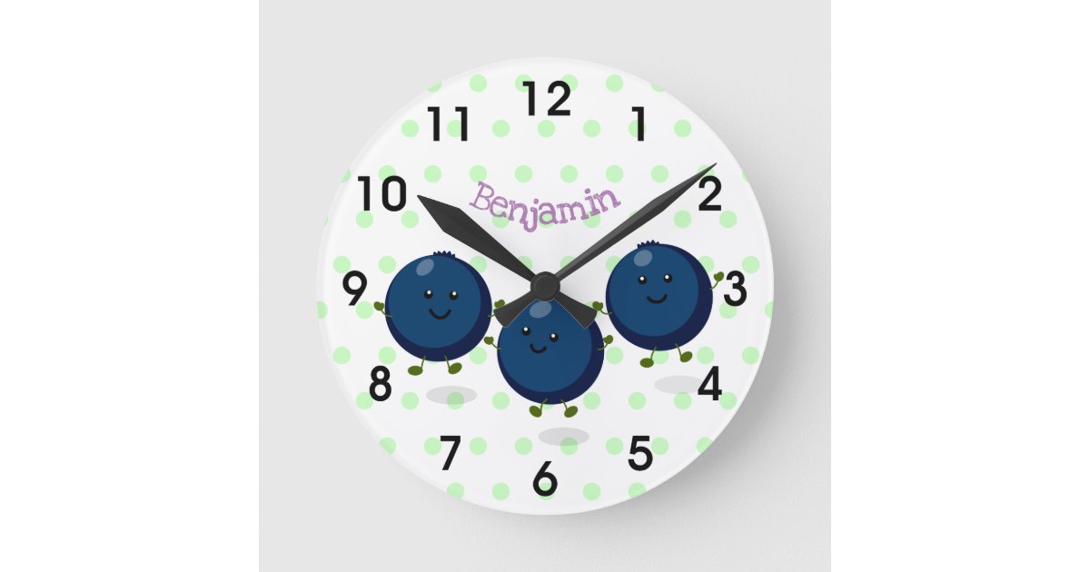 Cute happy blueberries purple cartoon illustration round clock | Zazzle