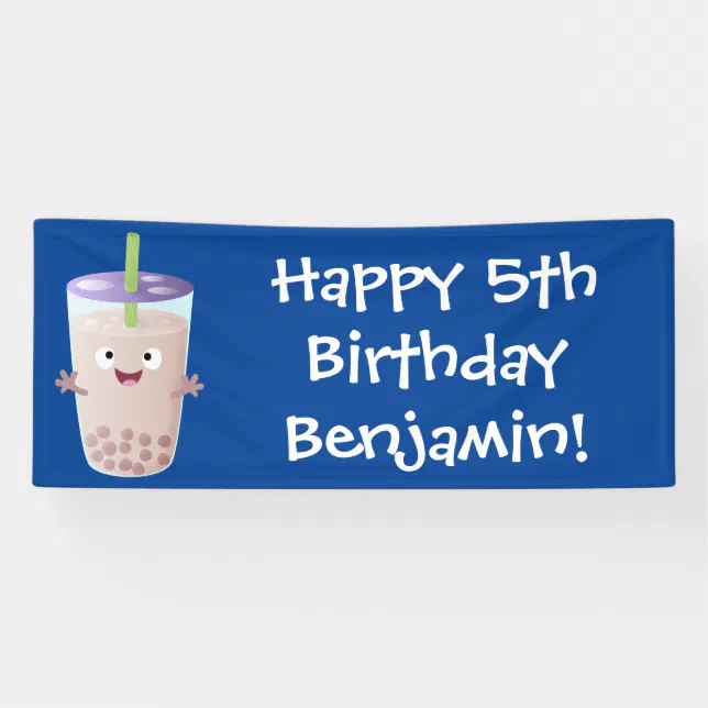 Cute happy bubble tea boba cartoon character banner | Zazzle