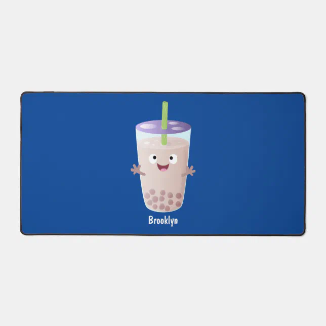 Cute happy bubble tea boba cartoon character desk mat | Zazzle