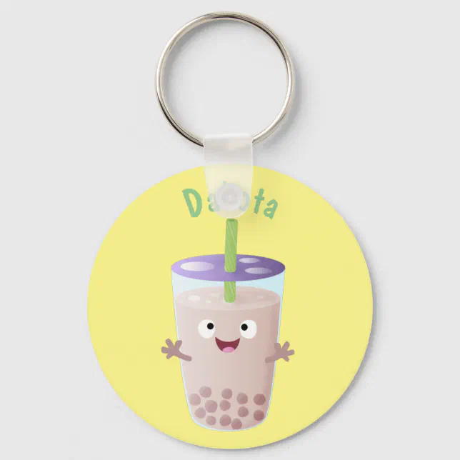 Cute happy bubble tea boba cartoon character keychain | Zazzle