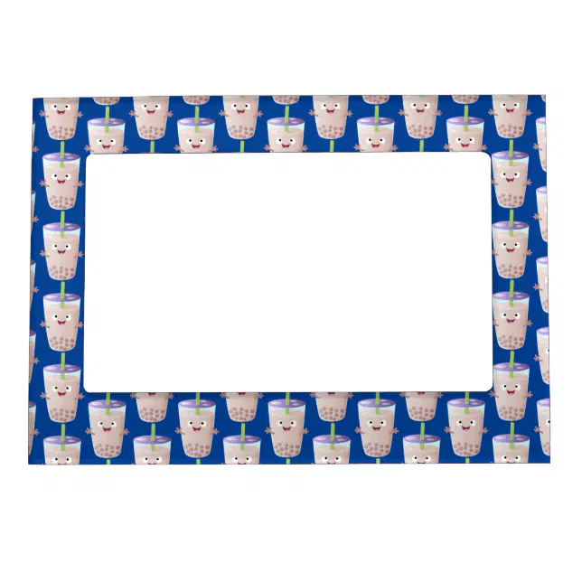Cute happy bubble tea boba cartoon character magnetic frame | Zazzle