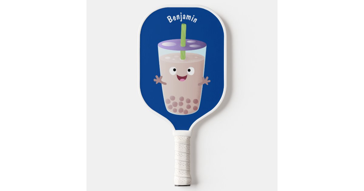 Cute happy bubble tea boba cartoon character pickleball paddle | Zazzle
