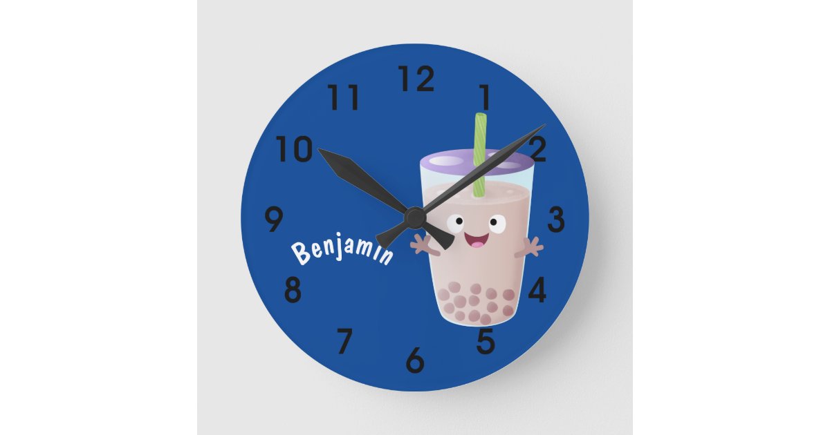 Cute happy bubble tea boba cartoon character round round clock | Zazzle