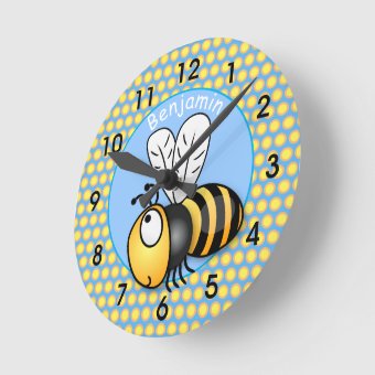 Cute happy bumble bee cartoon illustration round clock | Zazzle