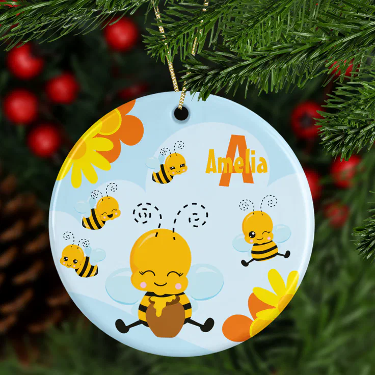Cute Happy Bumble Bee with Flowers Kid Christmas Ceramic Ornament | Zazzle