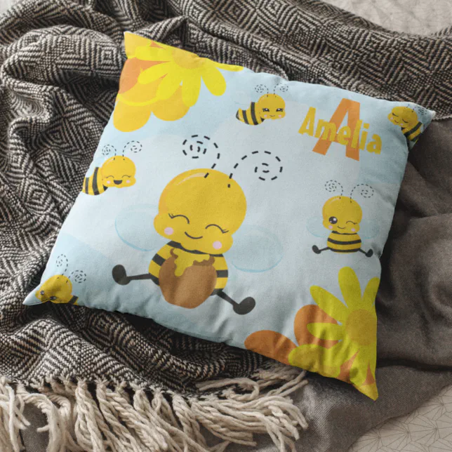 Cute Happy Bumble Bee with Flowers Little Kid Throw Pillow | Zazzle