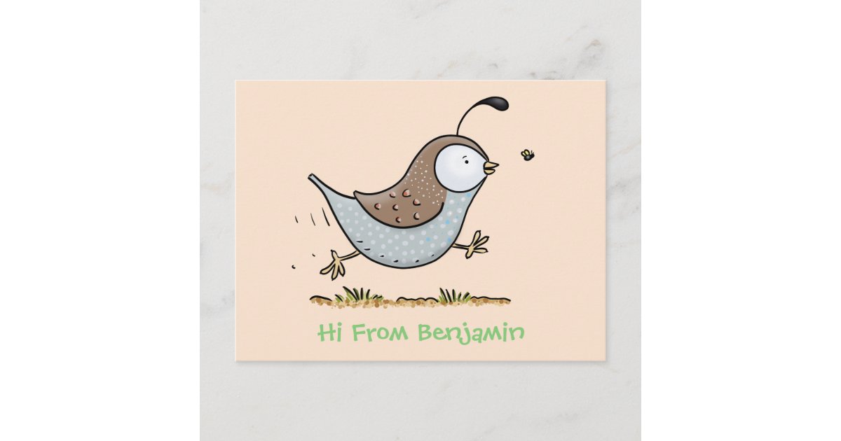 Cute happy californian quail cartoon illustration postcard | Zazzle