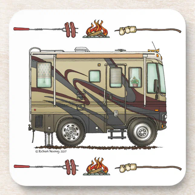 Cute Happy Camper Big RV Coach Motorhome (maroon) Drink Coaster | Zazzle