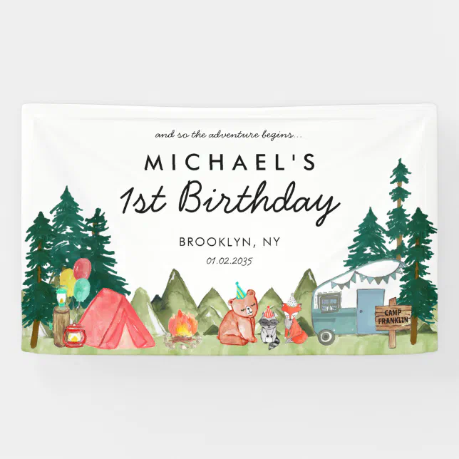 Cute Happy Camper Van Trees Camping Kids Birthday Banner | Zazzle
