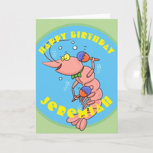 Cute happy cartoon prawn with maracas birthday card | Zazzle