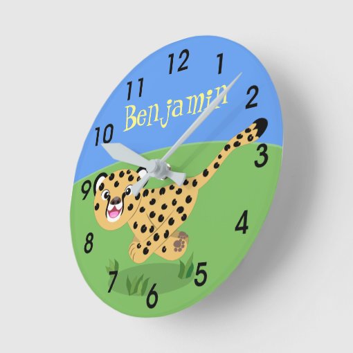 Cute happy cheetah running cartoon illustration round clock | Zazzle