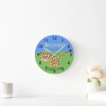 Cute happy cheetah running cartoon illustration round clock | Zazzle