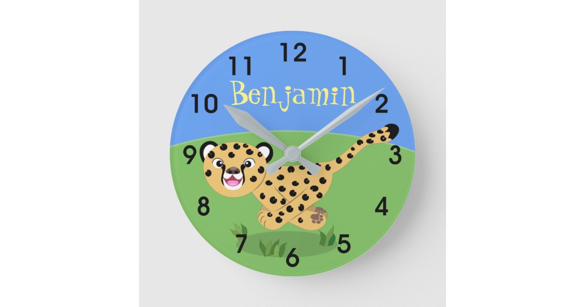 Cute happy cheetah running cartoon illustration round clock | Zazzle