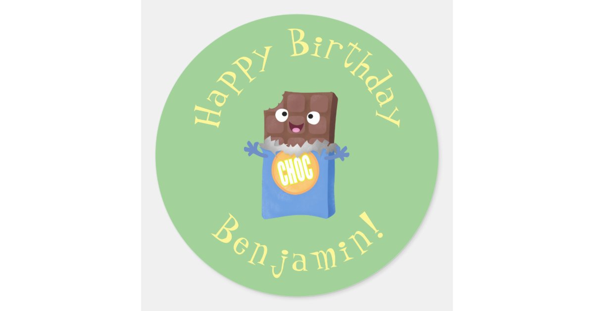 Cute happy chocolate candy bar cartoon character classic round sticker ...
