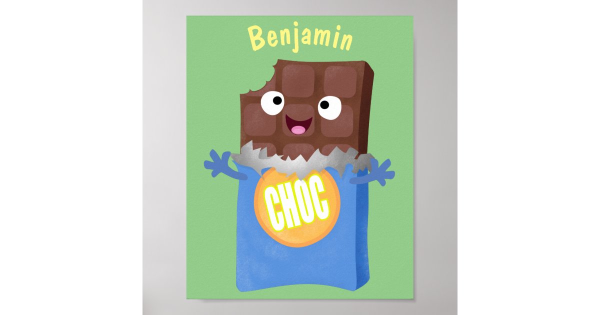 Cute happy chocolate candy bar cartoon character poster | Zazzle
