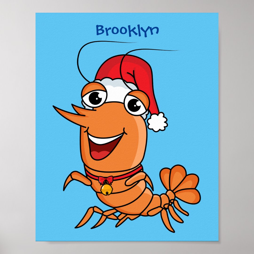 Cute happy Christmas shrimp cartoon illustration Poster | Zazzle