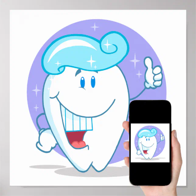 cute happy clean sparkling tooth cartoon character poster | Zazzle