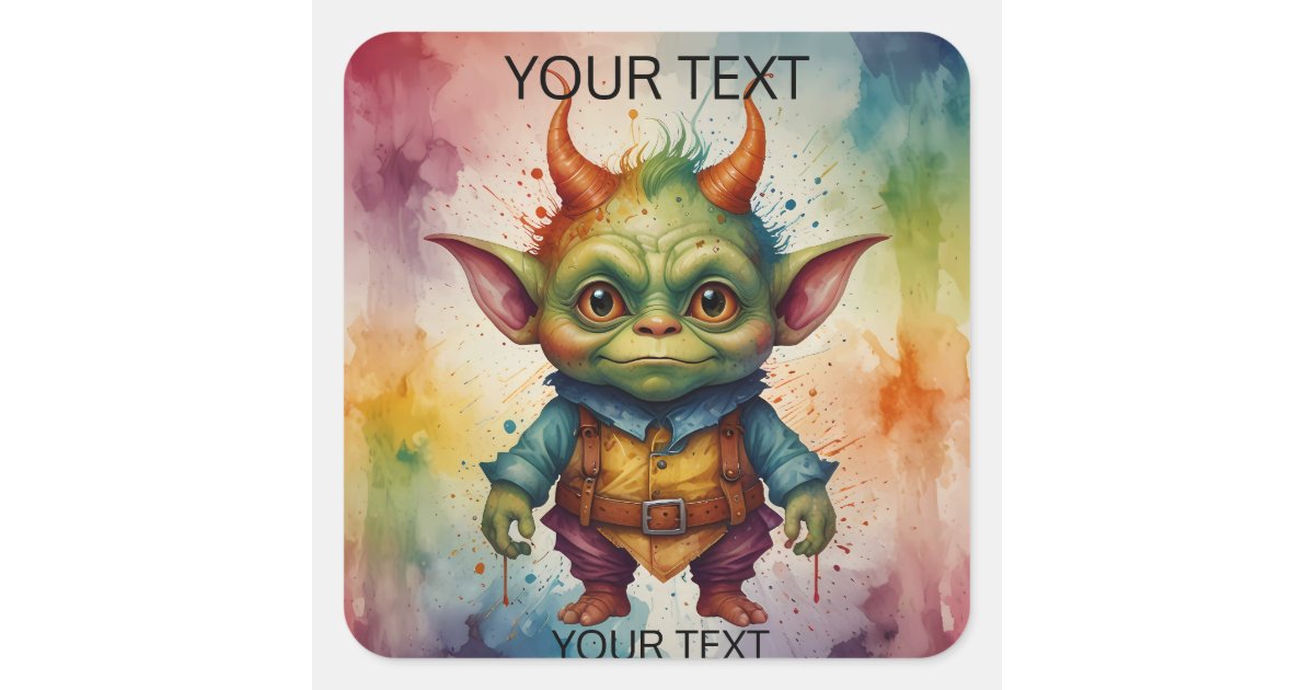 Cute happy colorful funny little goblin creature square sticker | Zazzle
