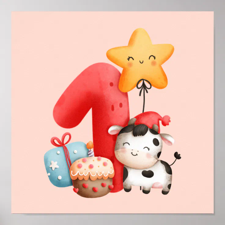 Cute Happy Cow 1st Birthday Poster | Zazzle