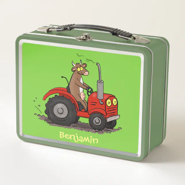 Cute happy cow driving a red tractor cartoon metal lunch box | Zazzle