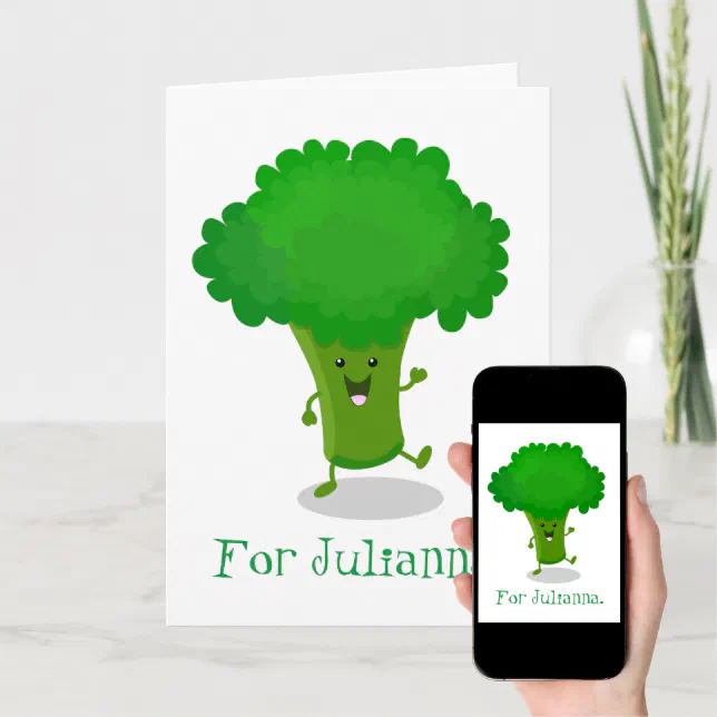 Cute happy dancing broccoli cartoon illustration card | Zazzle