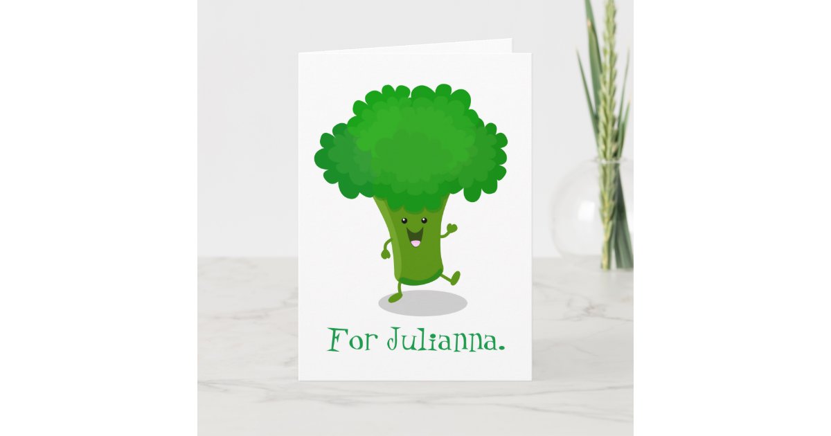 Cute happy dancing broccoli cartoon illustration card | Zazzle
