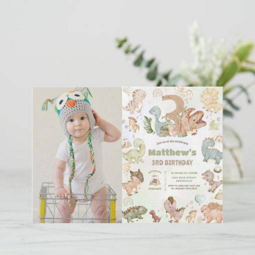 Cute Happy Dinosaurs 3rd Third Birthday Photo Invitation | Zazzle