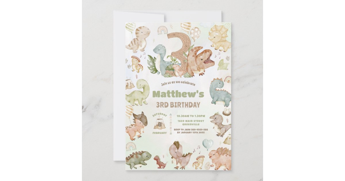 Cute Happy Dinosaurs 3rd Third Birthday Three Invitation | Zazzle