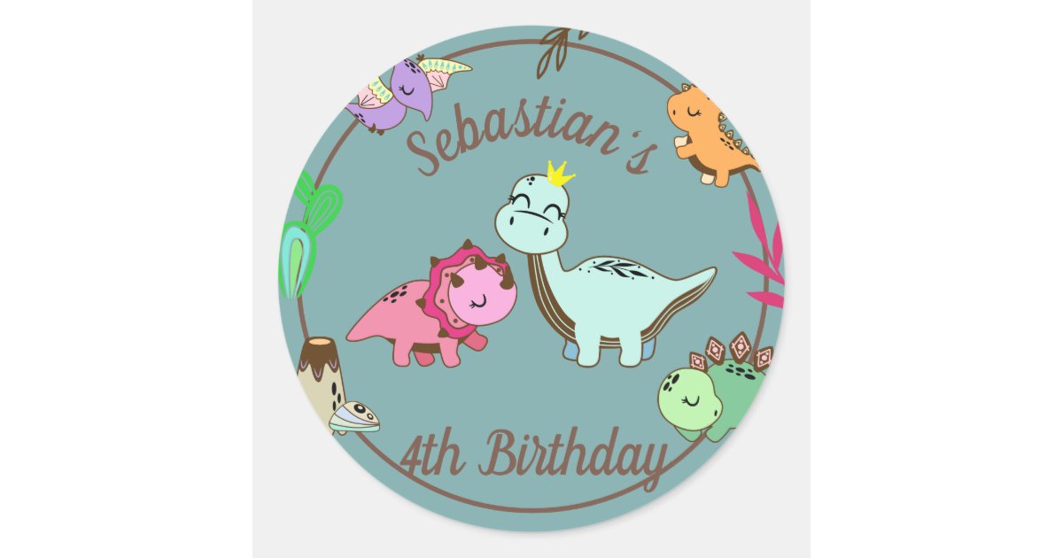 Cute Happy Dinosaurs Birthday Party Classic Round Sticker | Zazzle