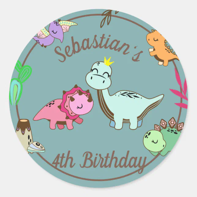Cute Happy Dinosaurs Birthday Party Classic Round Sticker | Zazzle