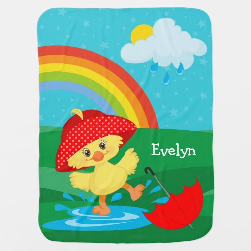 Cute Happy Duck in Rain with Rainbow Baby Blanket | Zazzle