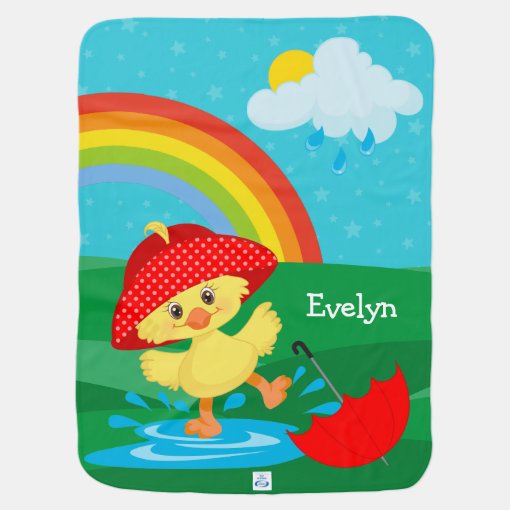 Cute Happy Duck in Rain with Rainbow Baby Blanket | Zazzle