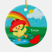 Cute Happy Duck in Rain with Rainbow Ceramic Ornament | Zazzle