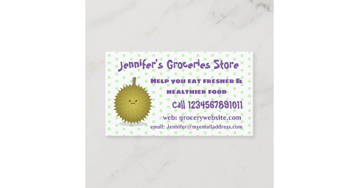 Cute happy durian cartoon illustration business card | Zazzle