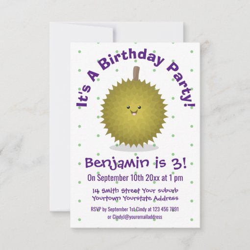 Cute happy durian cartoon illustration invitation | Zazzle