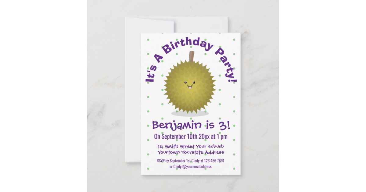 Cute happy durian cartoon illustration invitation | Zazzle