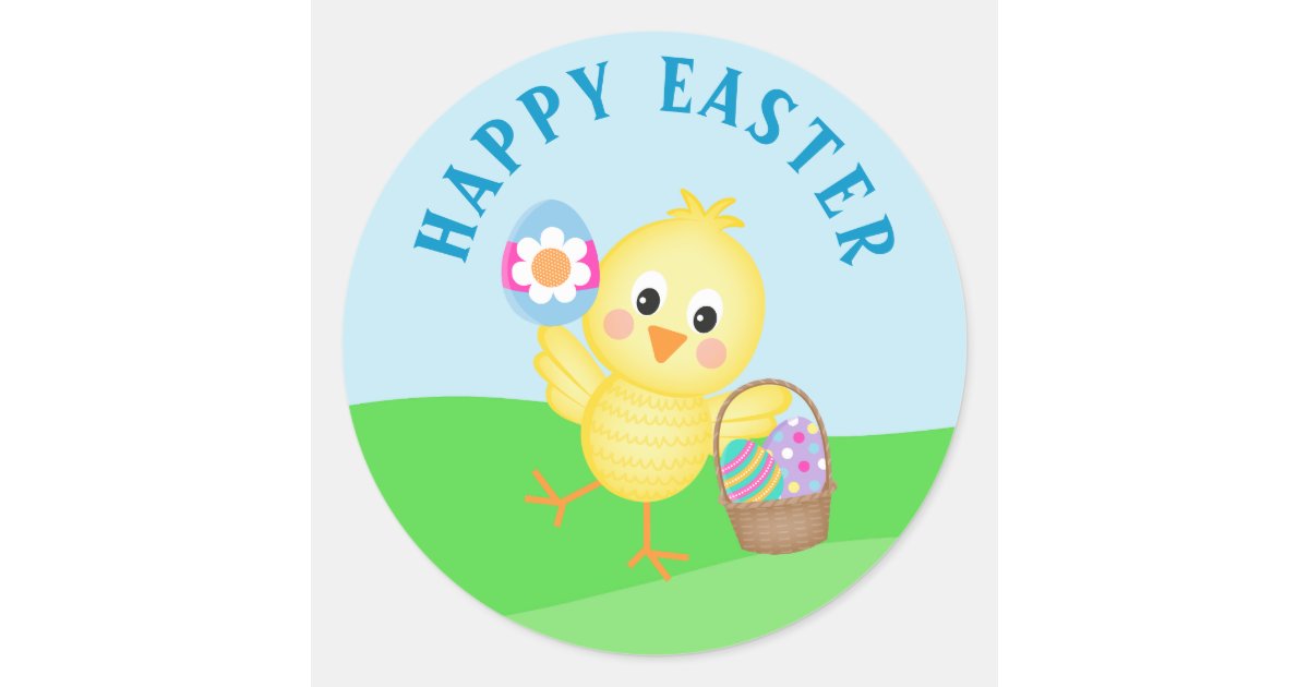 Cute Happy Easter Baby Chick Easter Eggs Classic Round Sticker | Zazzle