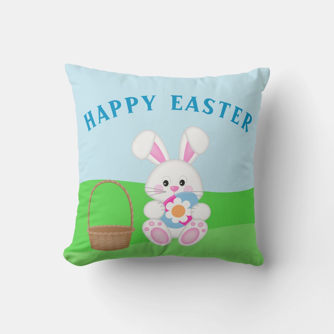 Cute Happy Easter Bunny Easter Eggs Throw Pillow | Zazzle