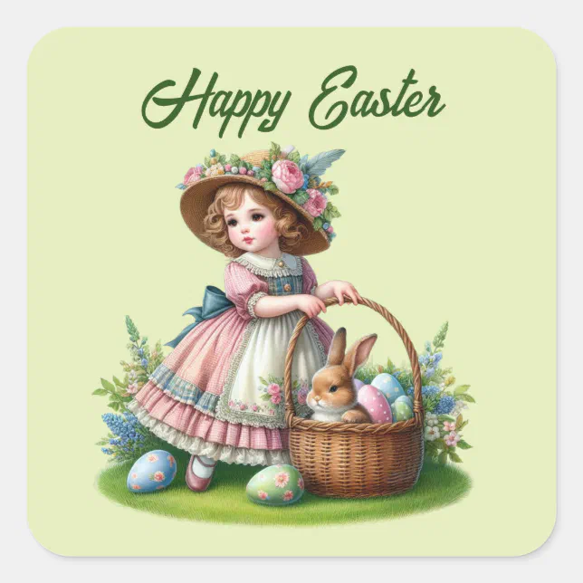 Cute happy Easter girl add text Square Sticker | Zazzle