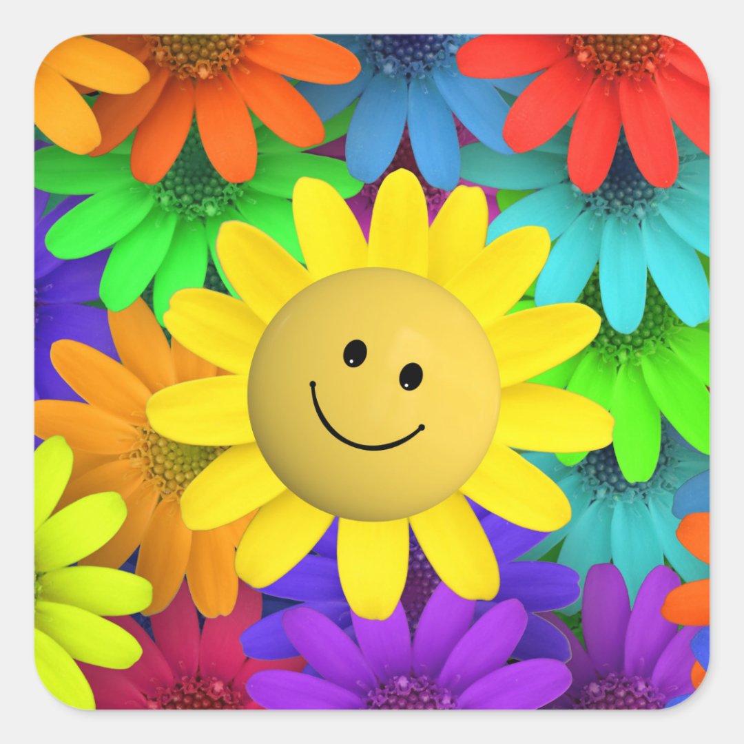 Cute Happy Face Flowers Square Sticker | Zazzle