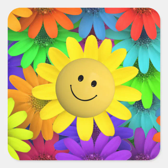 Cute Happy Face Flowers Square Sticker | Zazzle