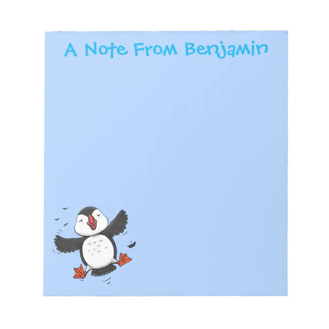Cute happy flying puffin blue cartoon illustration notepad | Zazzle