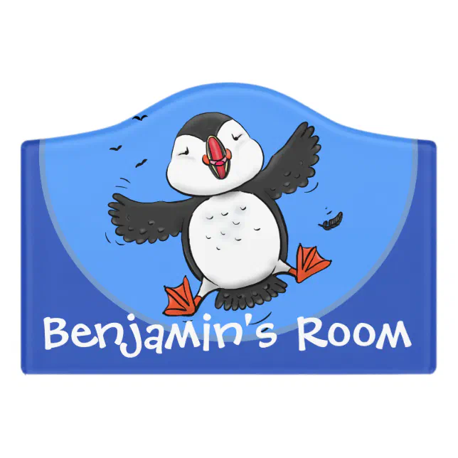 Cute happy flying puffin cartoon illustration door sign | Zazzle