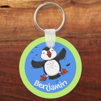 Cute happy flying puffin cartoon illustration keychain | Zazzle